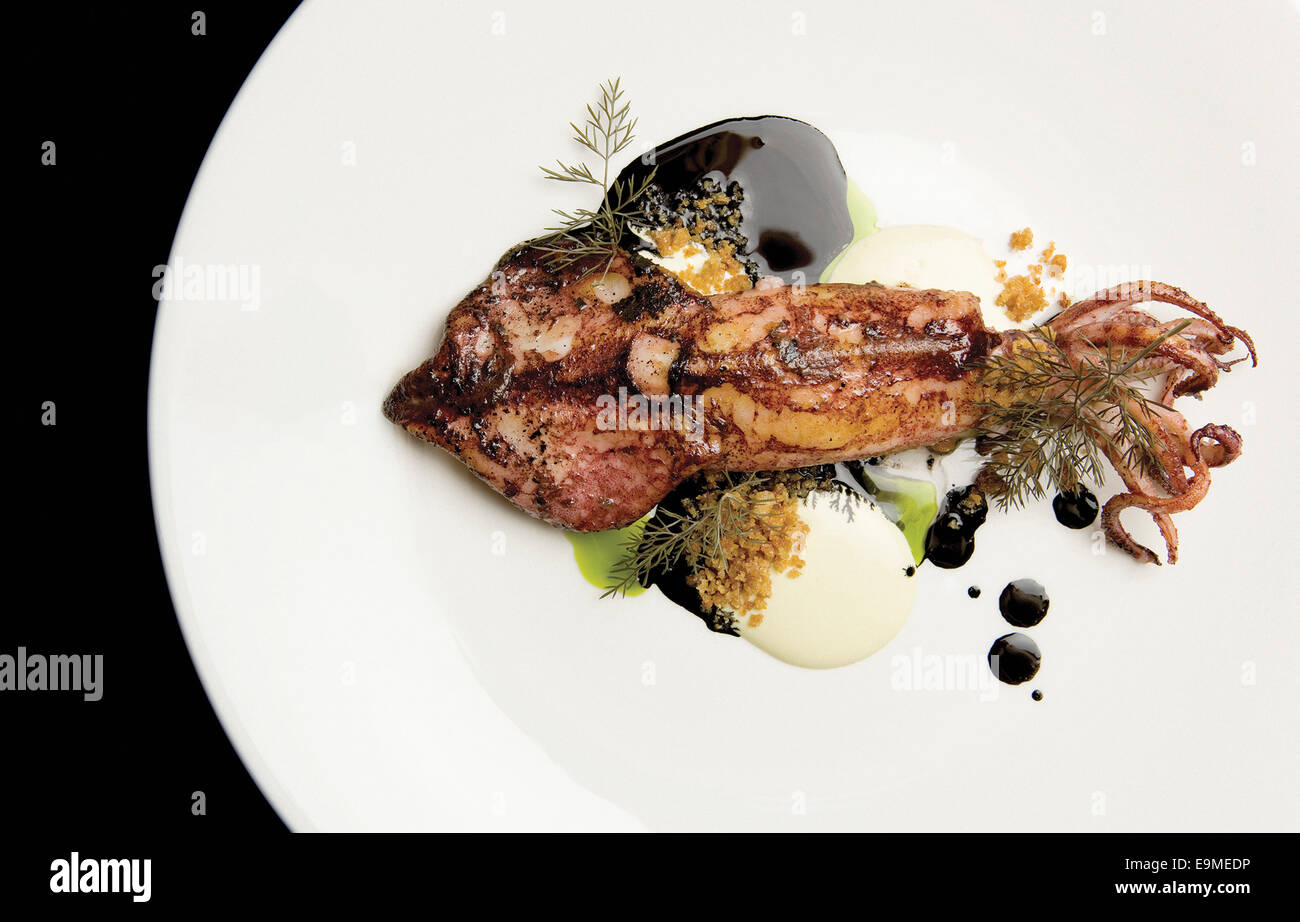Grilled squid served in plate against black background Stock Photo - Alamy