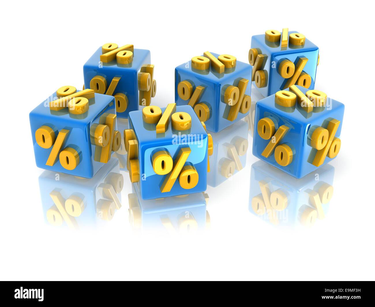 gold percentage symbol on reflective blue cubes isolated with white ...