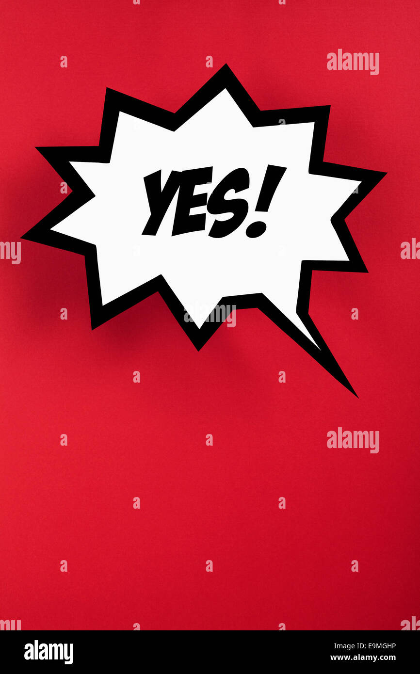 Exploding speech bubble with YES against red background Stock Photo - Alamy