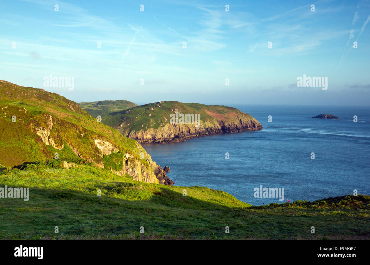View out to sea from coastal path above Porth Wen on the northern coast ...