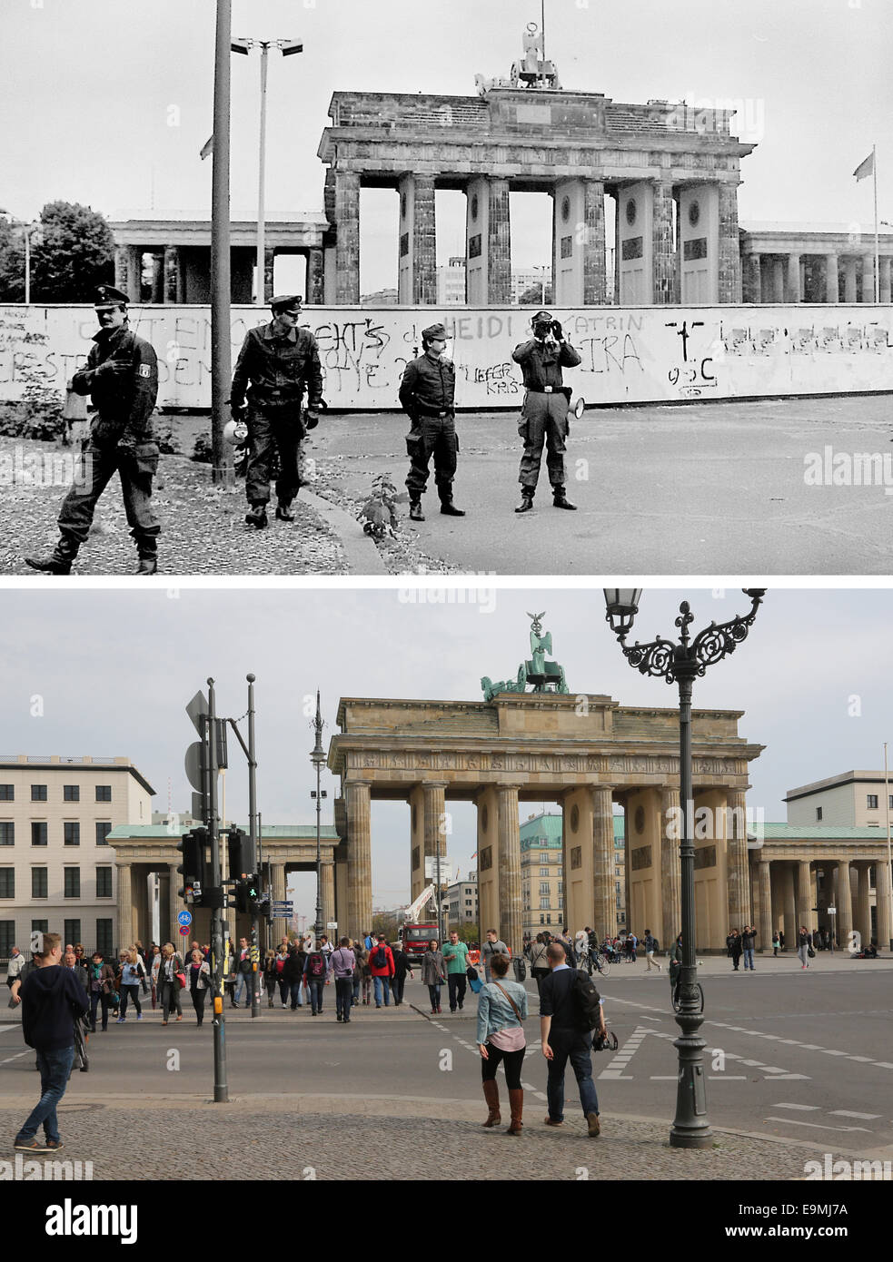 The composite picture shows West German border police standing in front ...