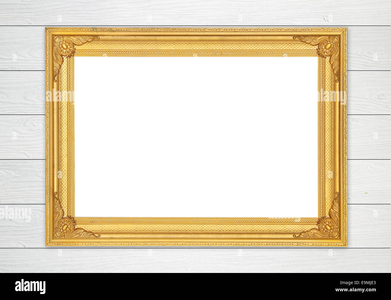blank golden frame on wood wall background Stock Photo - Alamy