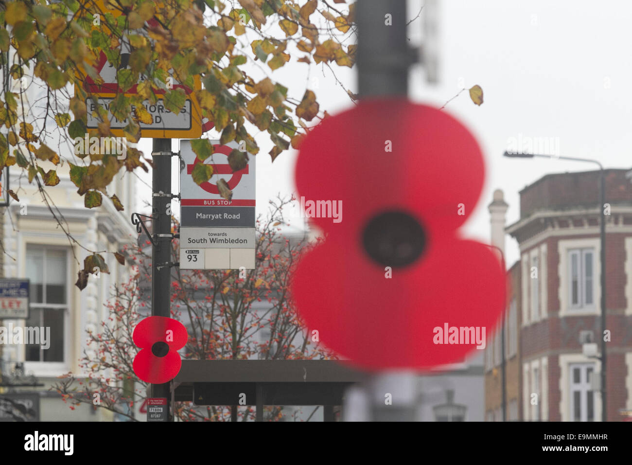 London, UK. 30th October, 2014. Red Poppies decorate bus stops along ...