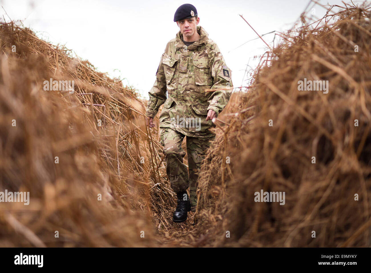 A soldier walks through an overgrown trench in a practice battlefield ...