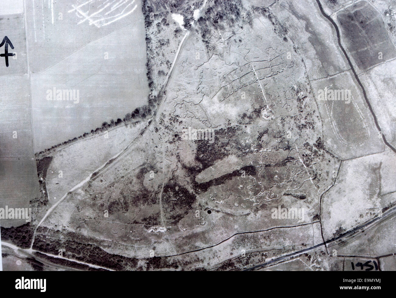 An aerial photograph showing overgrown trenches in a practice ...