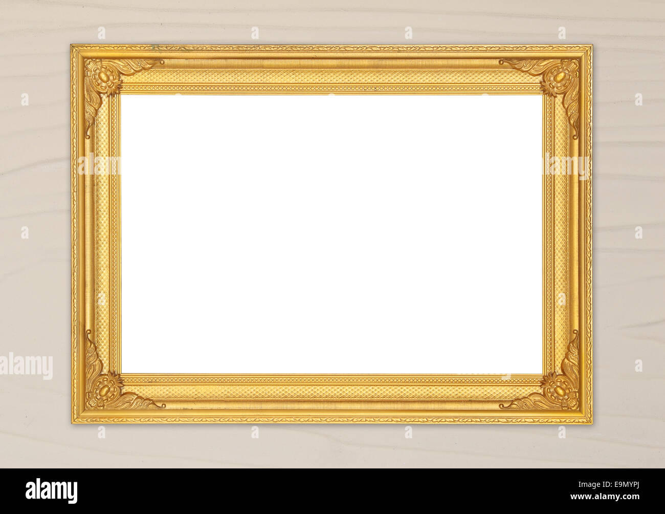 blank golden frame on wood wall background Stock Photo - Alamy
