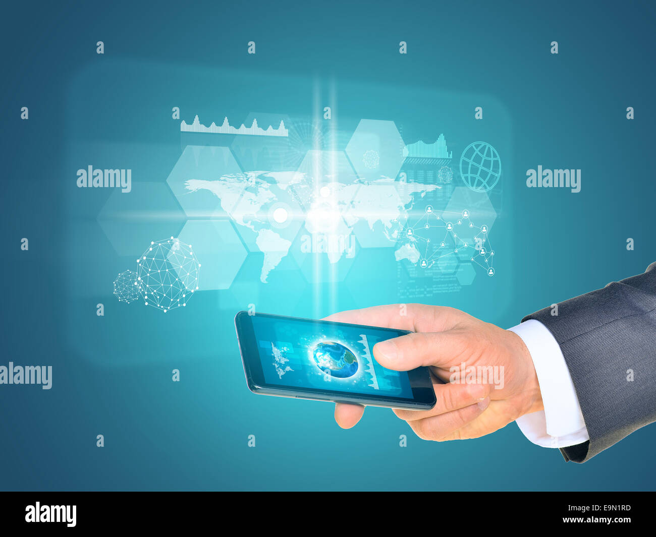 Man hand using smart phone. Earth on phone screen Stock Photo - Alamy