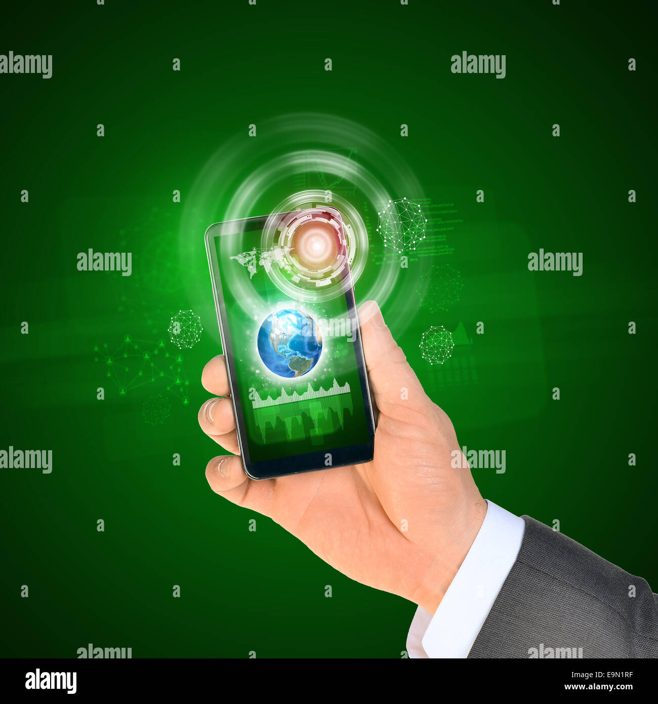 Man hand using smart phone. Earth on phone screen Stock Photo - Alamy
