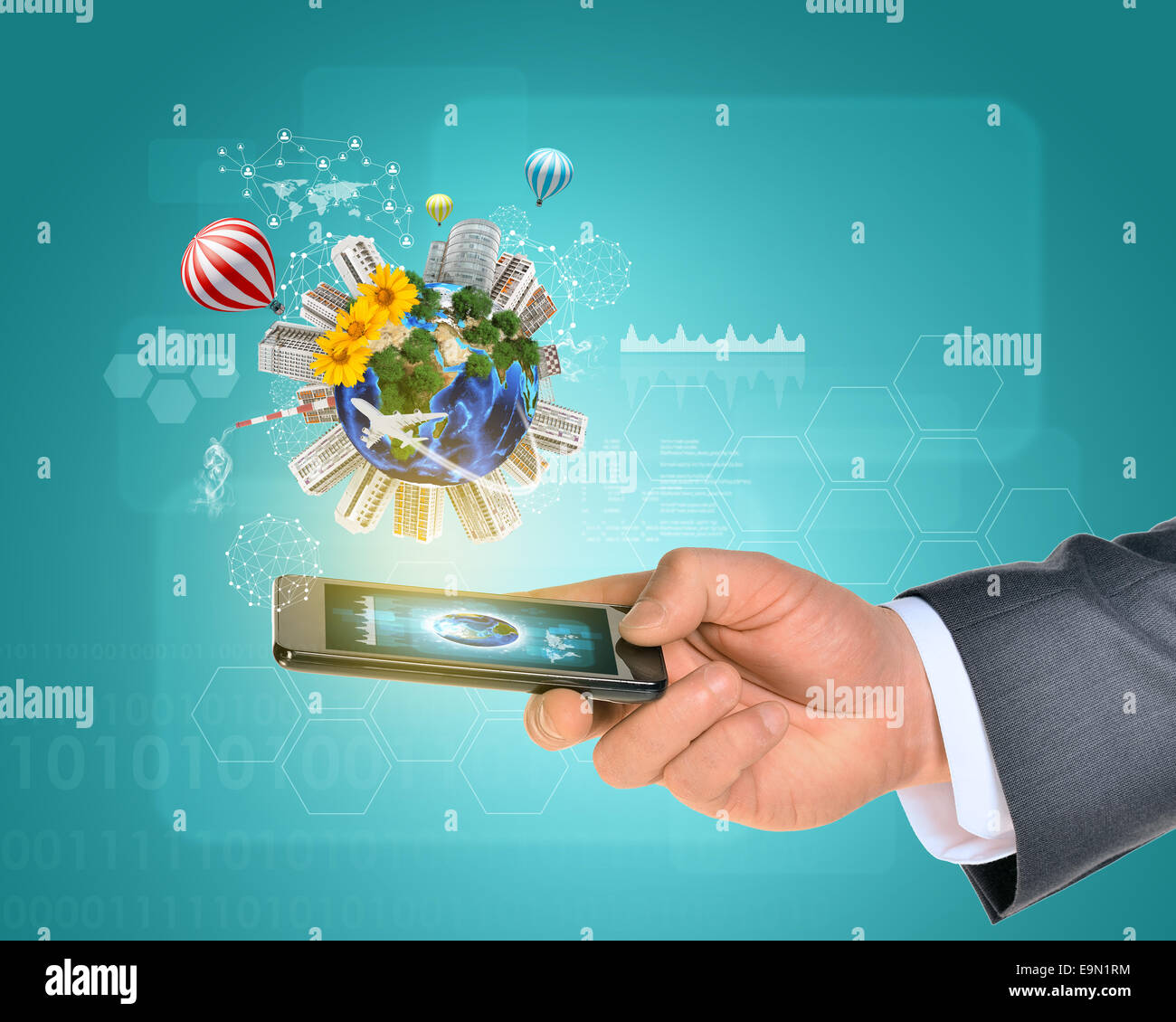 Man hand using smartphone. Earth with buildings and trees near phone ...