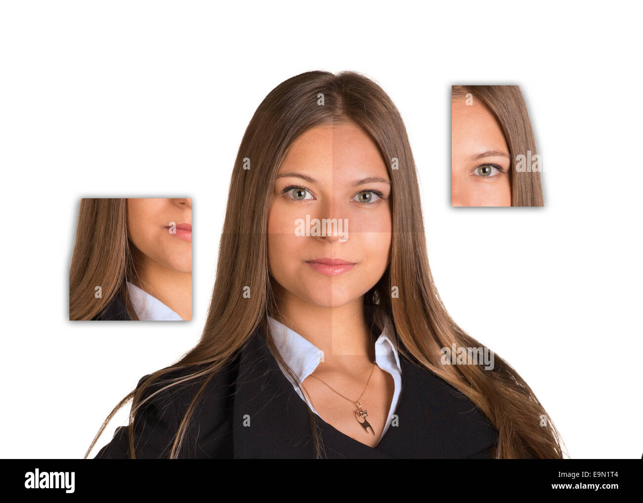 Portrait beautiful young girl made up of parts images Stock Photo - Alamy