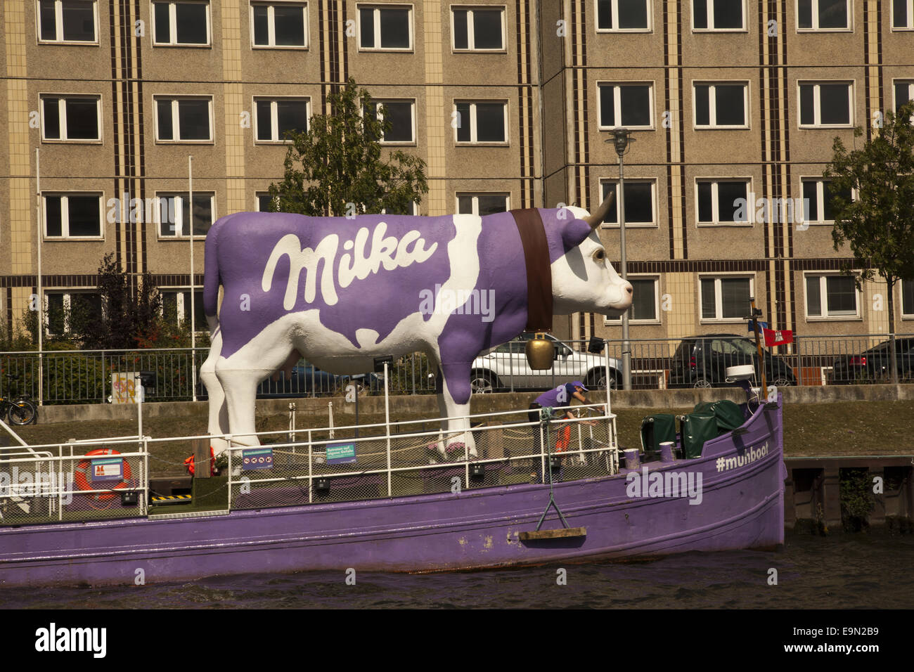 Floating advertisement on the Spree in Berlin; for Milka a chocolate ...