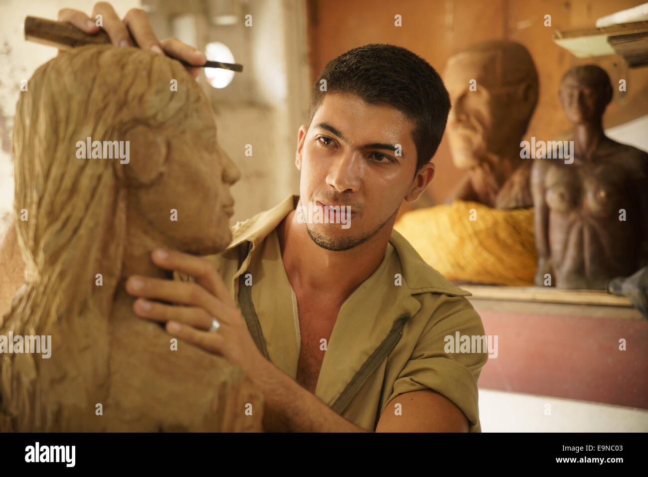 Man, people, job, young student at work learning craftsman profession ...