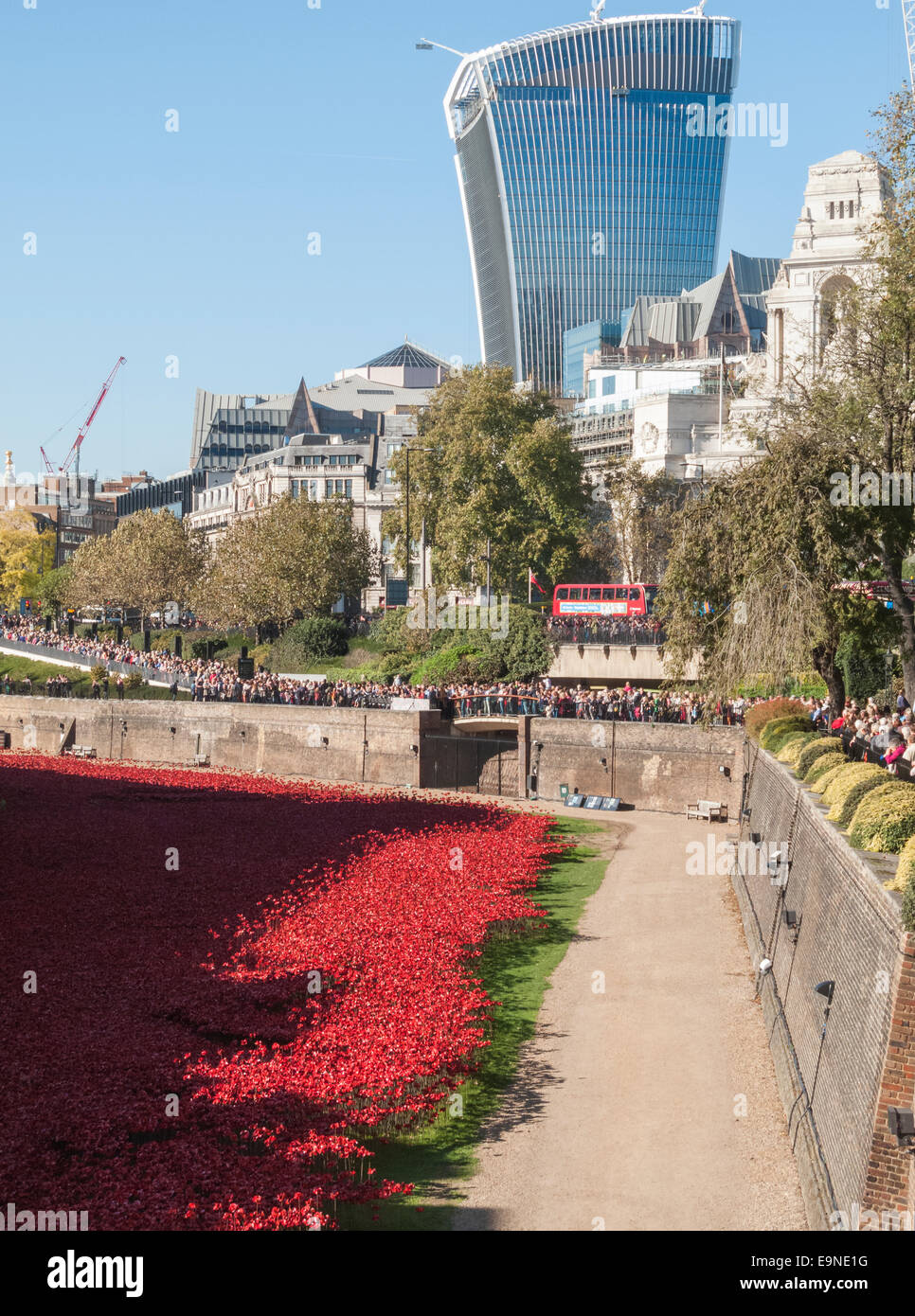 Red ceramic poppies at The Tower Of London Remembers exhibition, Blood ...