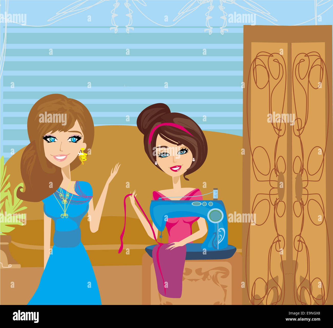 girl with sewing machine and elegant client Stock Photo - Alamy