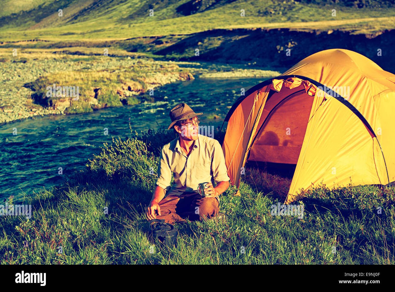 Tourist in camp Stock Photo - Alamy