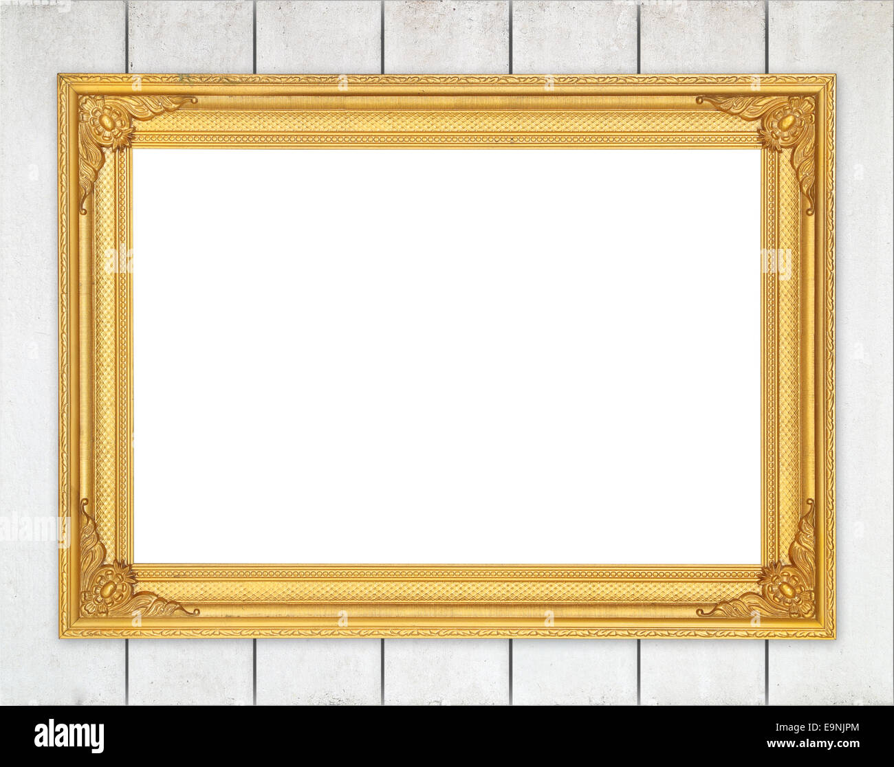 blank golden frame on wood wall background Stock Photo - Alamy