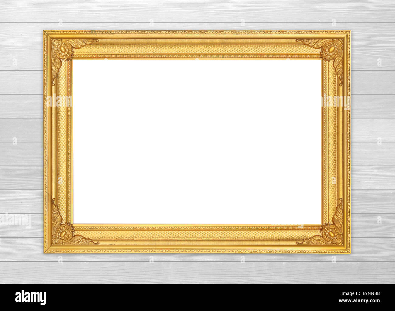 blank golden frame on wood wall background Stock Photo - Alamy