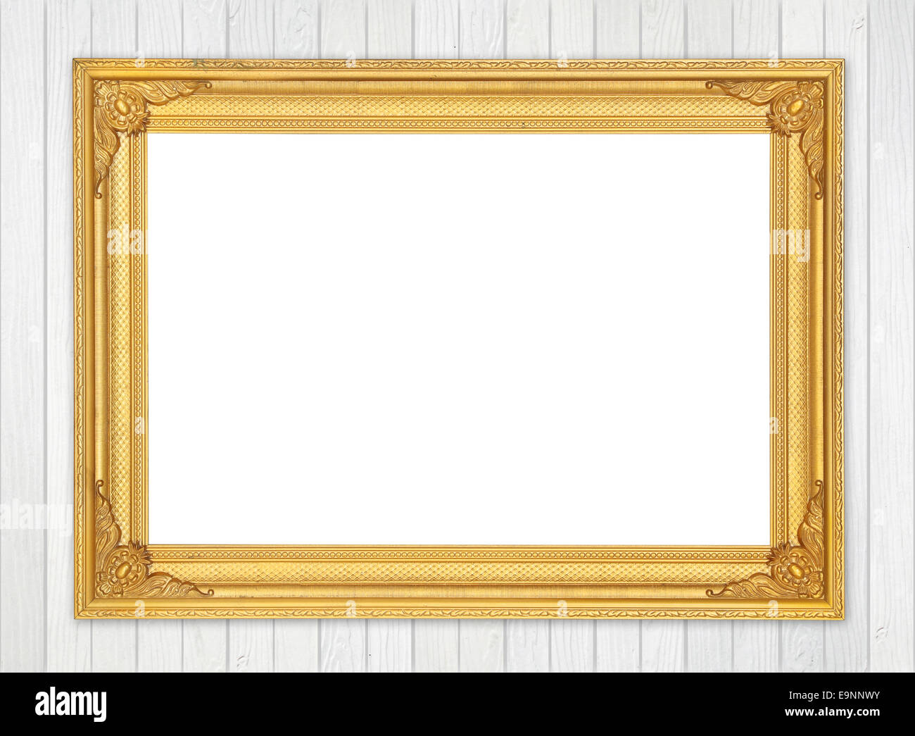 blank golden frame on wood wall background Stock Photo - Alamy