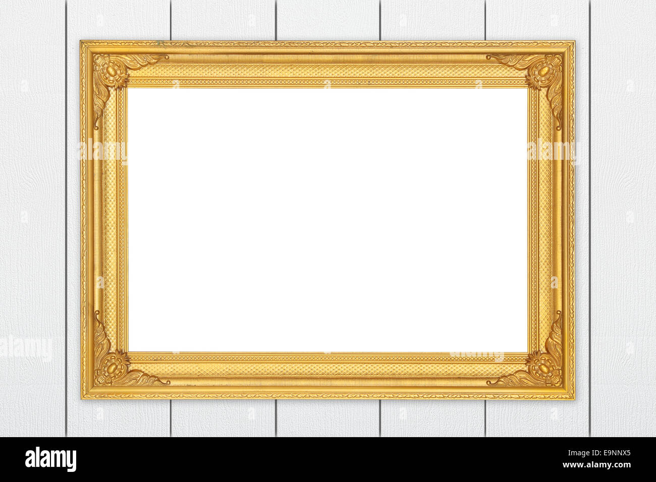 blank golden frame on wood wall background Stock Photo - Alamy