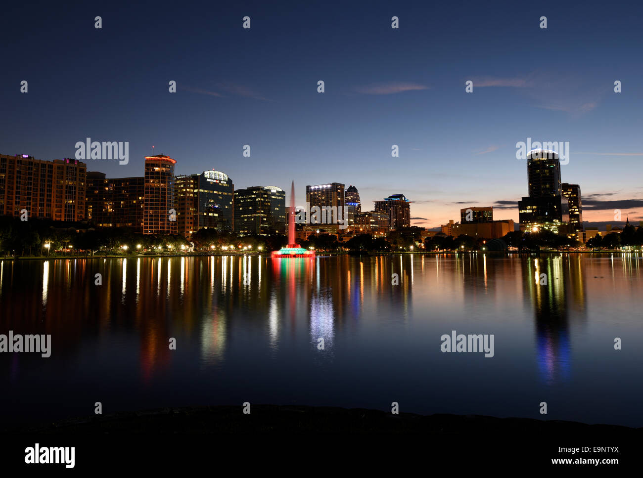 View from Lake Eola of downtown Orlando, Florida at sunset Stock Photo ...