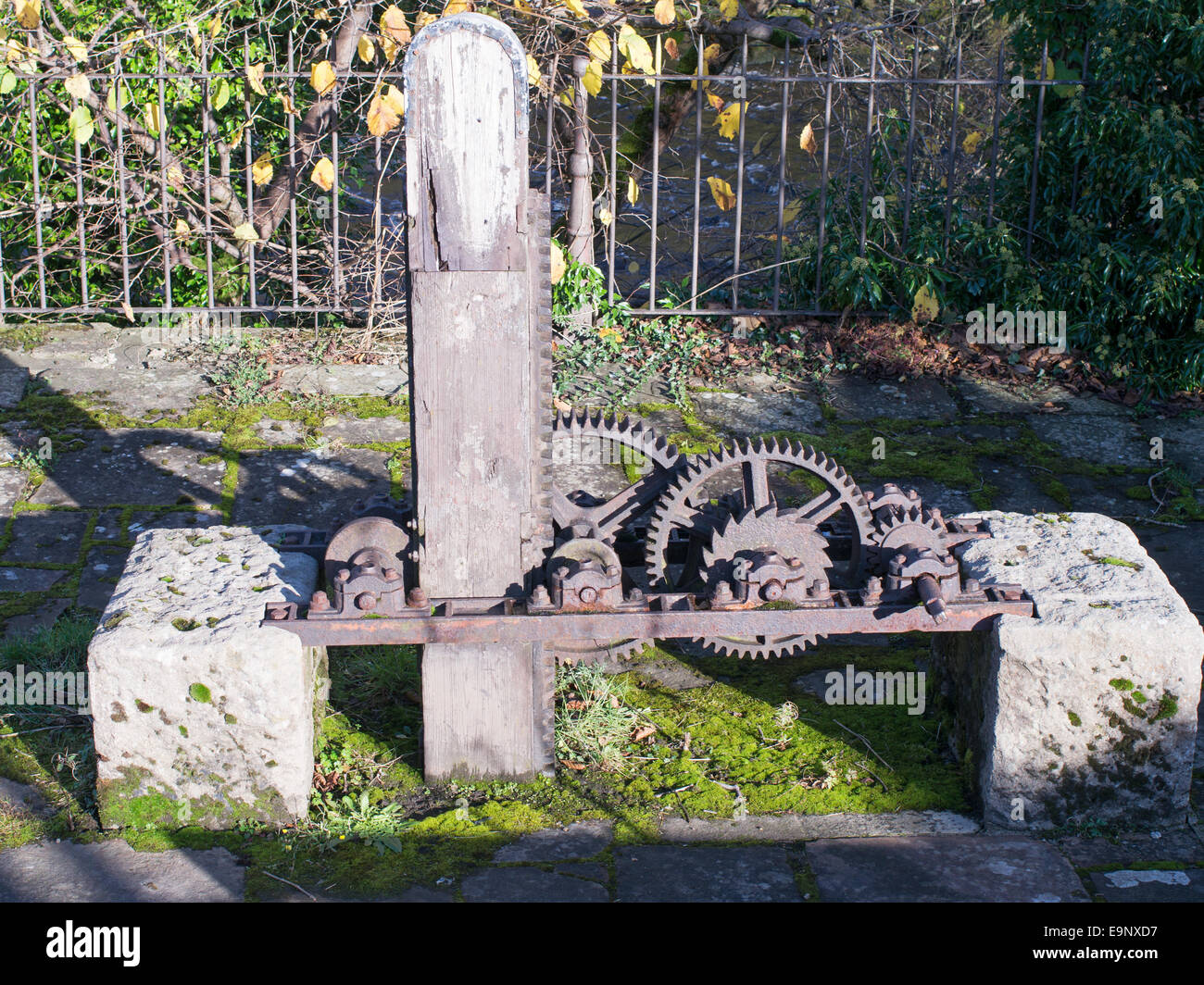 Old sluice gate winding mechanism at Barnard Castle, north east England ...