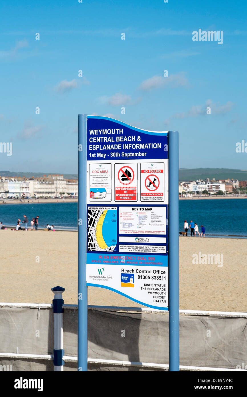 Weymouth seafront information sign with people and beach in background ...