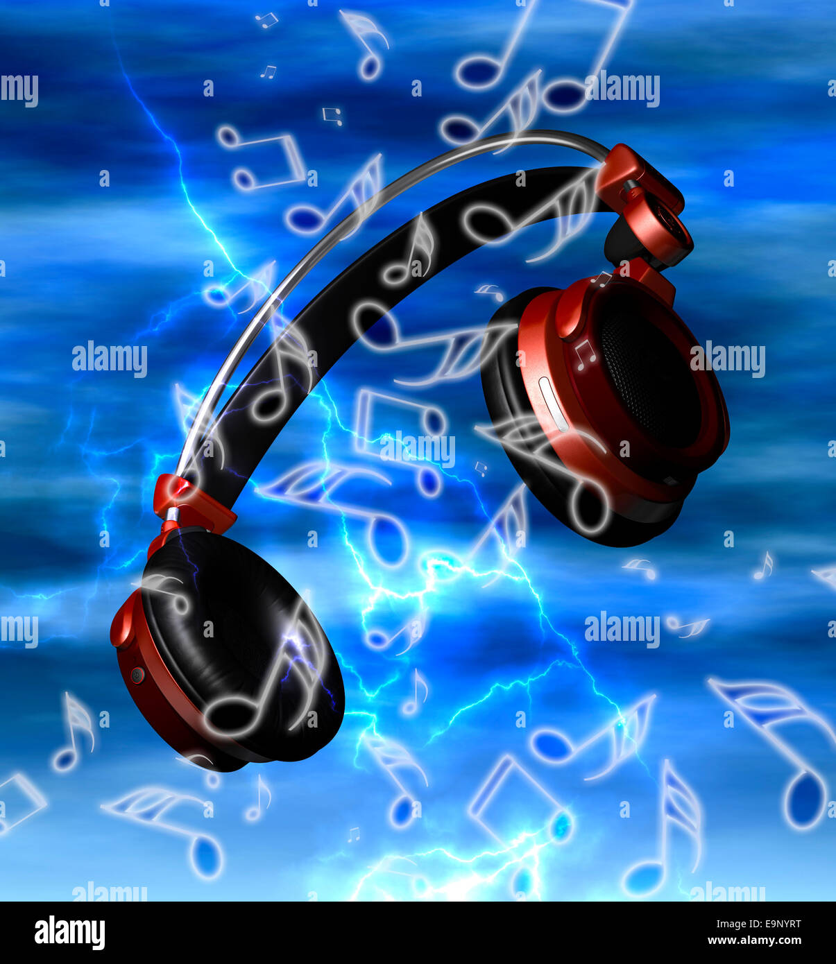 Realistic headphones with music notes at sky background Stock Photo - Alamy