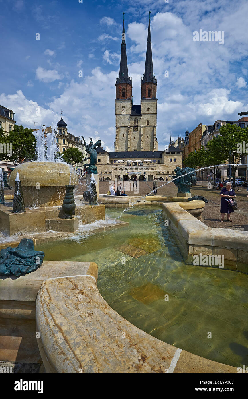 Hallmarkt square with Blue towers of the Market Church, Halle, Germany ...