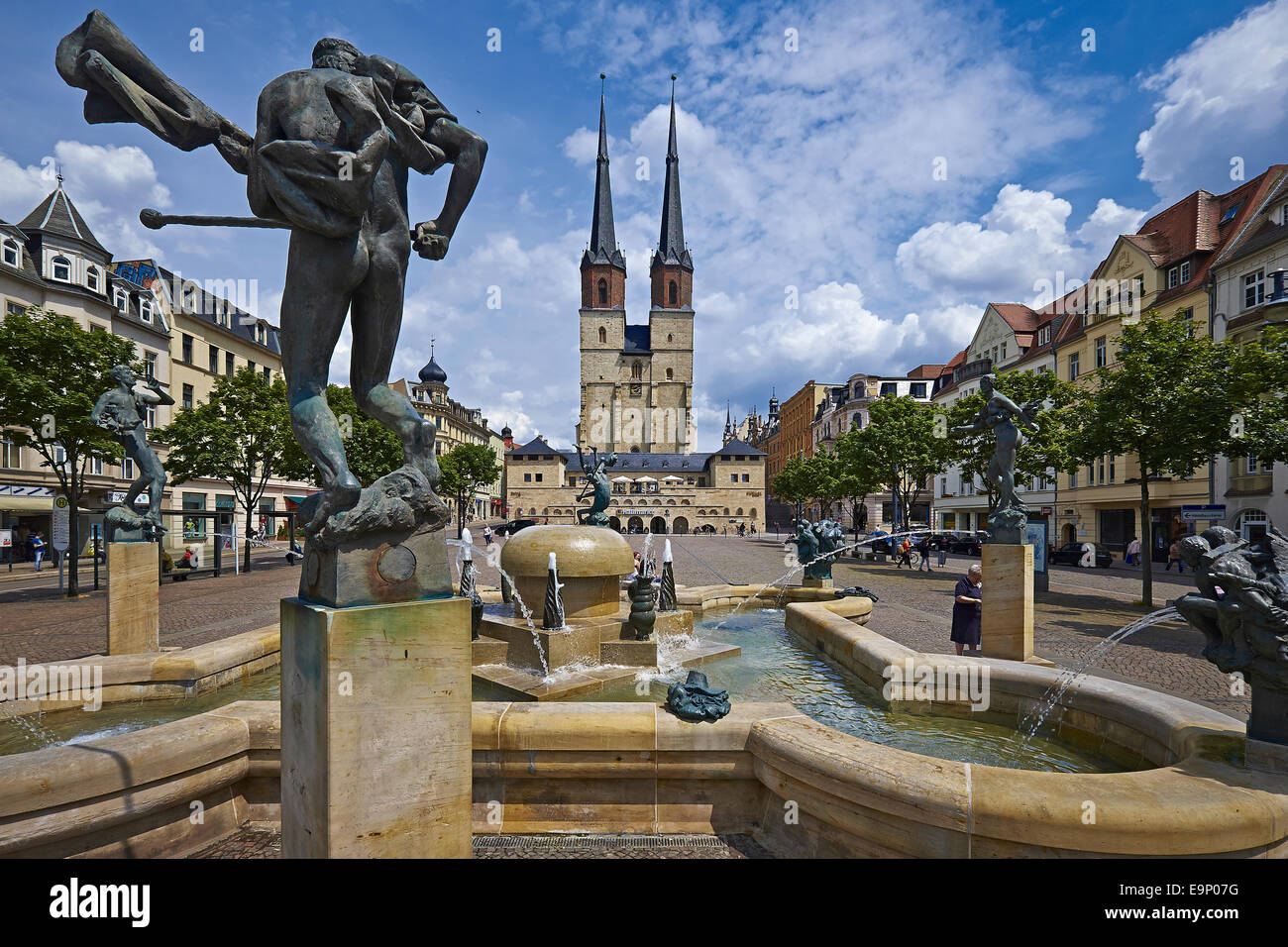 Hallmarkt square with Blue towers of the Market Church, Halle, Germany ...