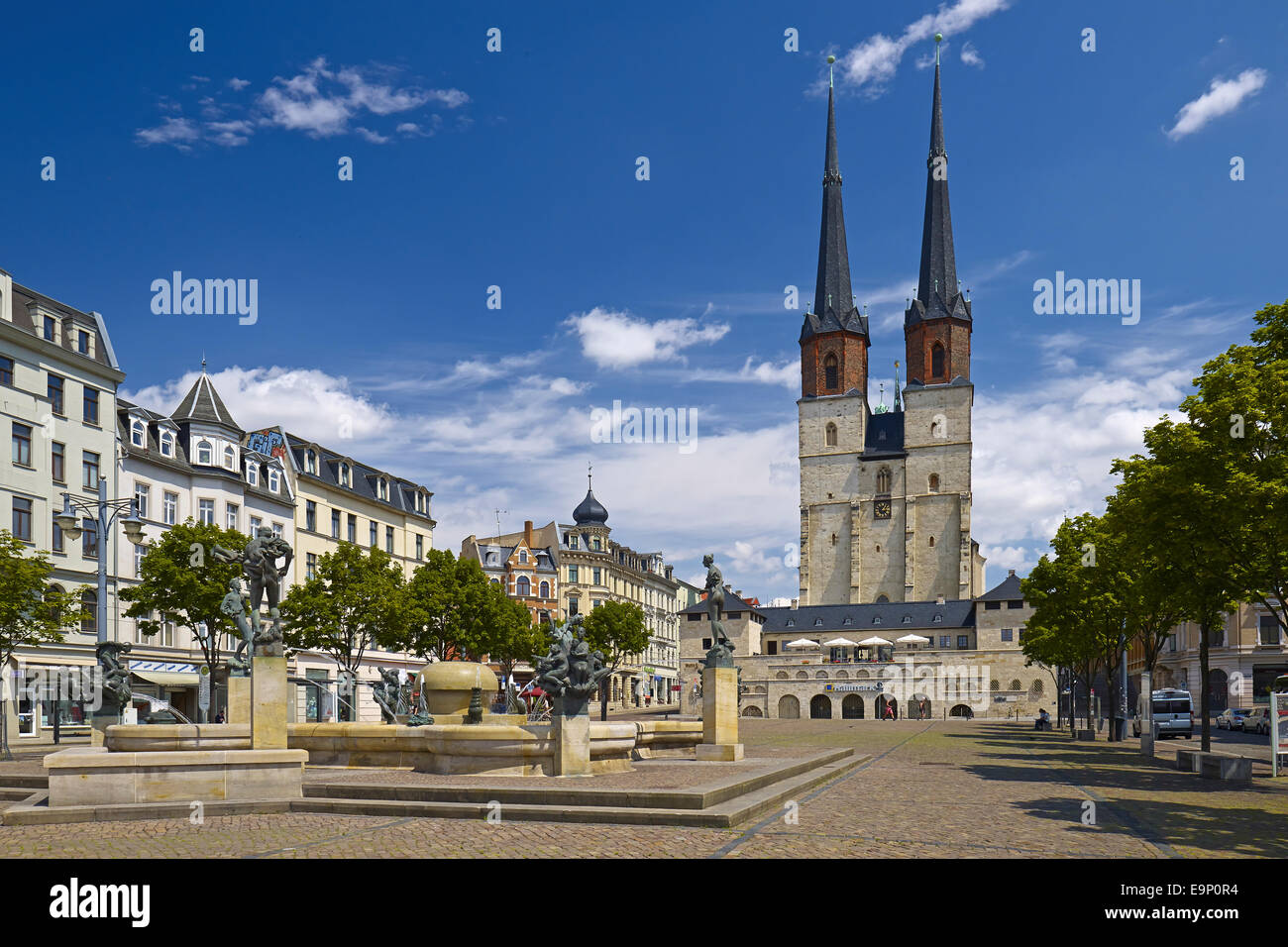 Hallmarkt square with Blue towers of the Market Church, Halle, Germany ...