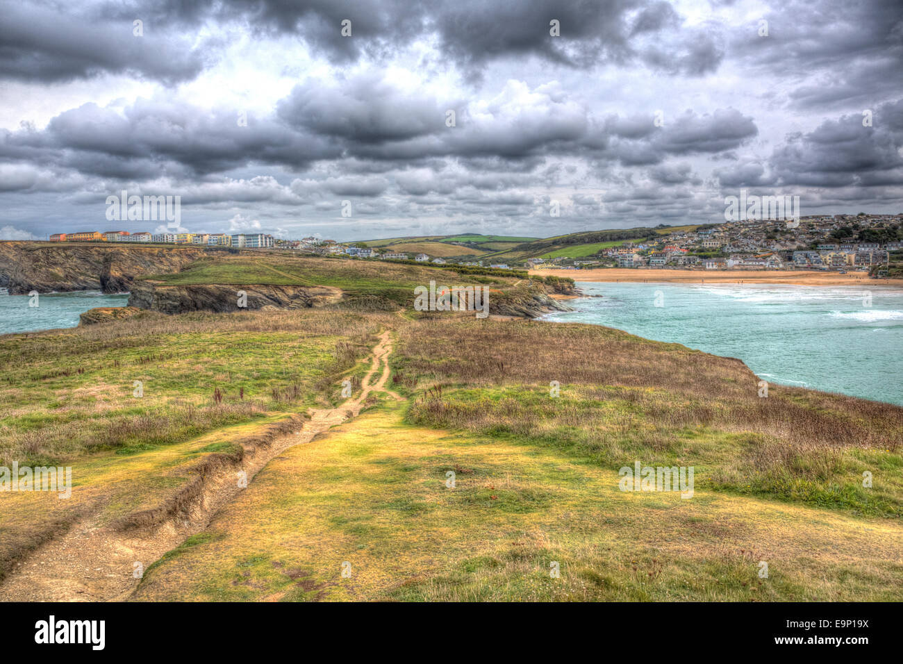 Coast path view from Trevelgue Head towards Porth beach Newquay ...