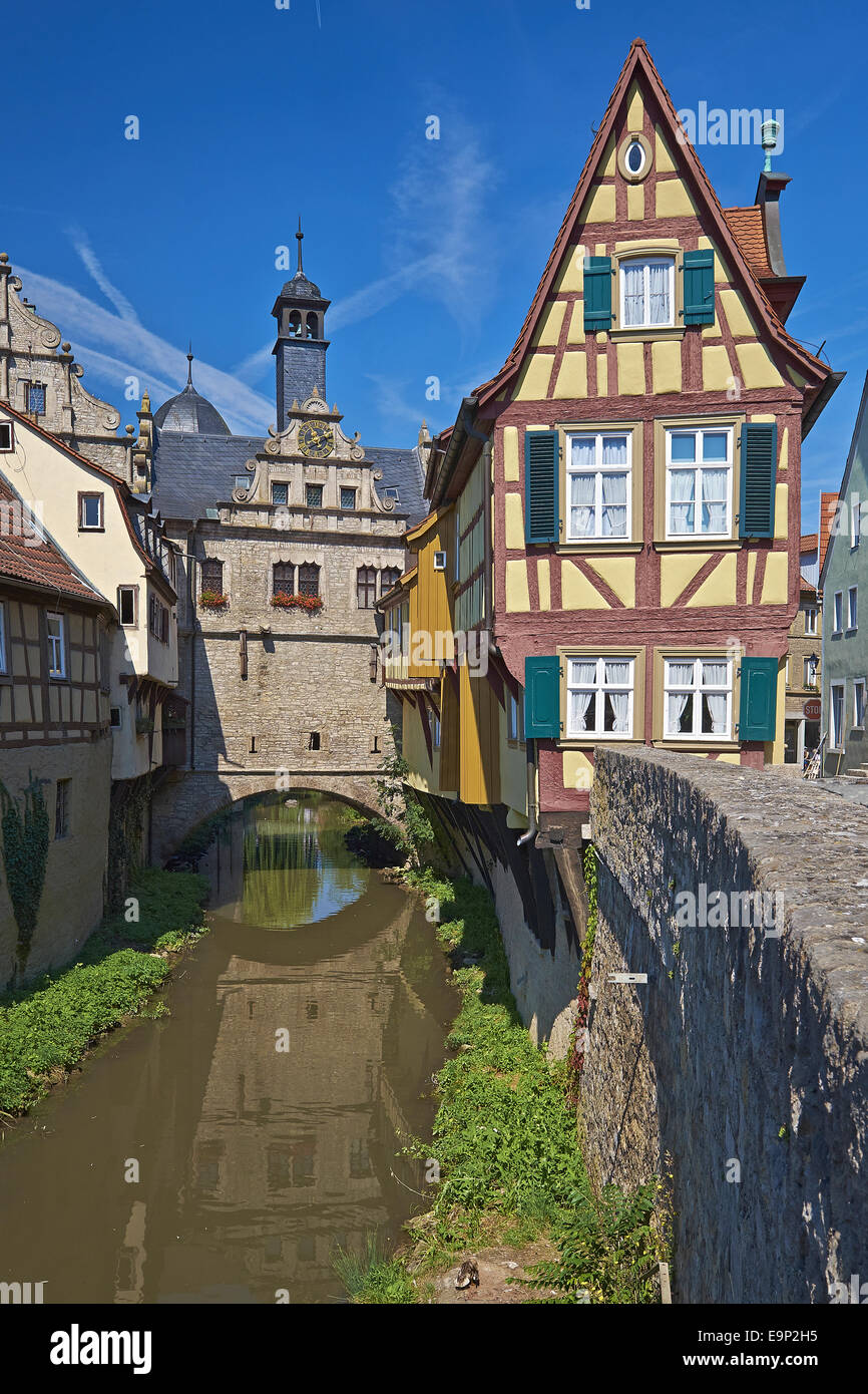City Hall and Malerwinkel house in Marktbreit, Bavaria, Germany Stock ...