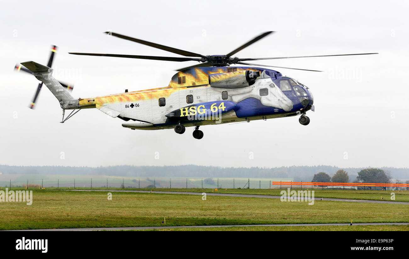 A German Army Sikorski CH 53 helicopter with special paint flies over ...