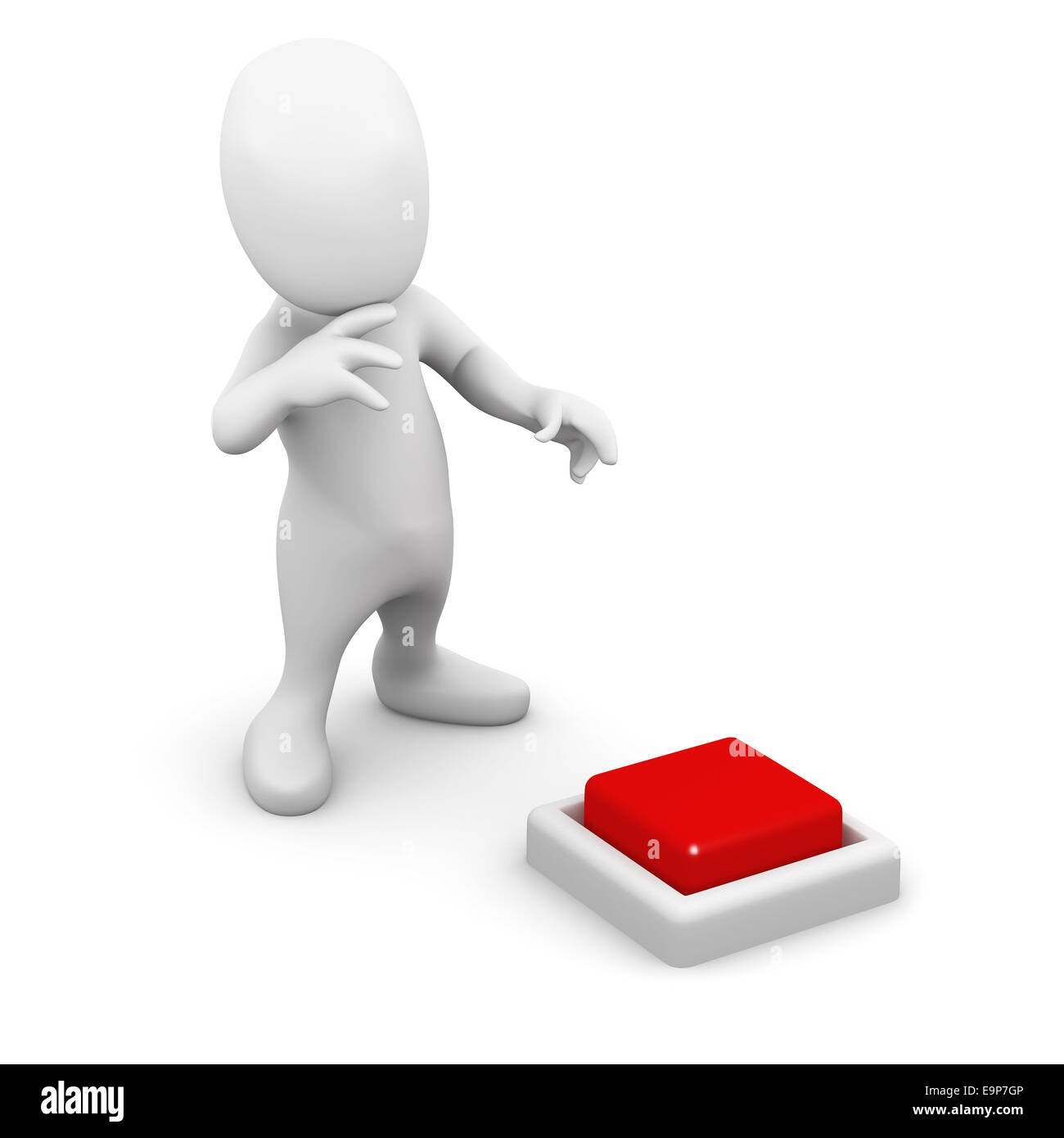 3d render of a little man looking at a red button in the floor Stock ...