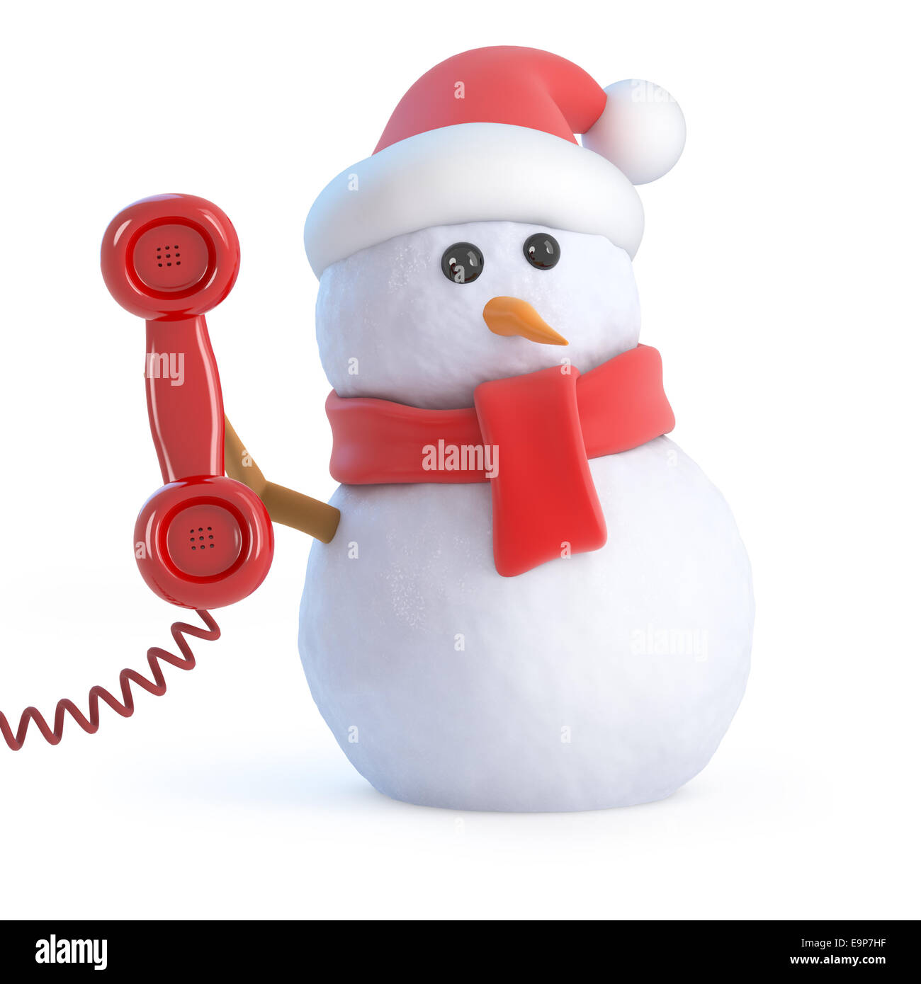 3d render of a snowman wearing a Santa hat holding a telephone handset ...