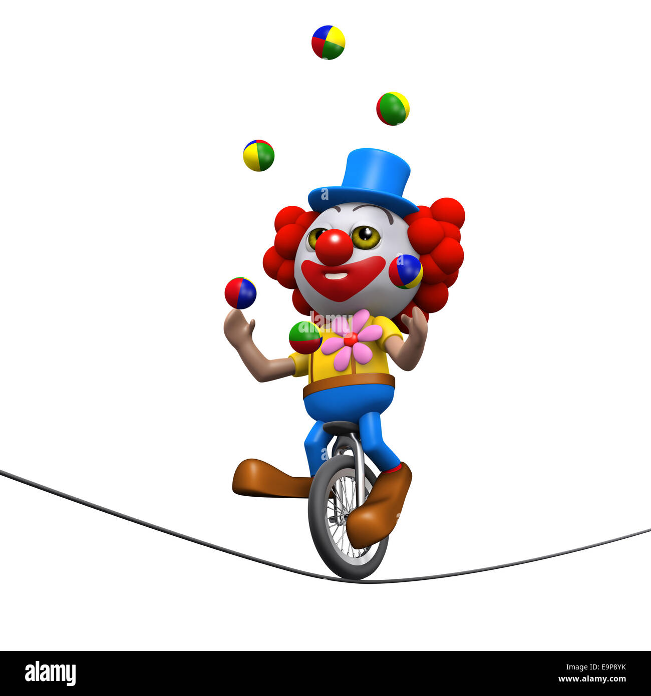 3d funny cartoon clown character balancing and juggling on a tightrope ...
