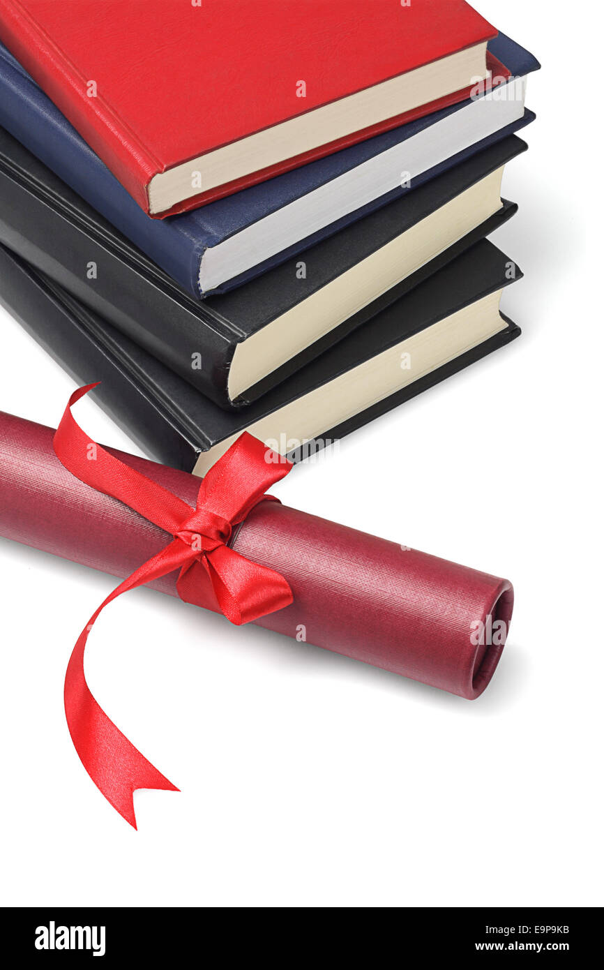 Stack Of Text Books And Scroll Container On White Background Stock ...