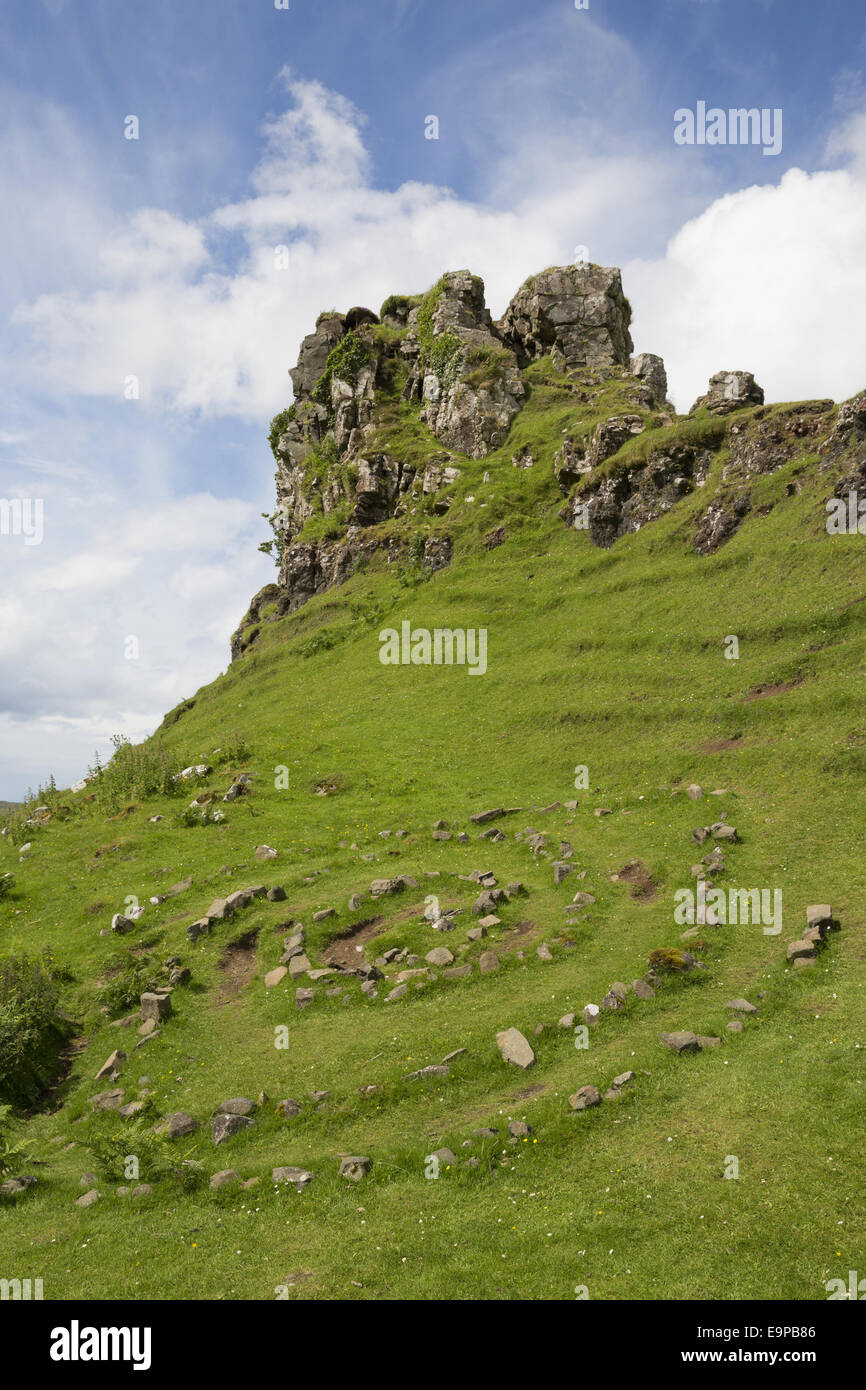 View of stone circle and rock outcrop 'tower' formation, Castle Ewen ...