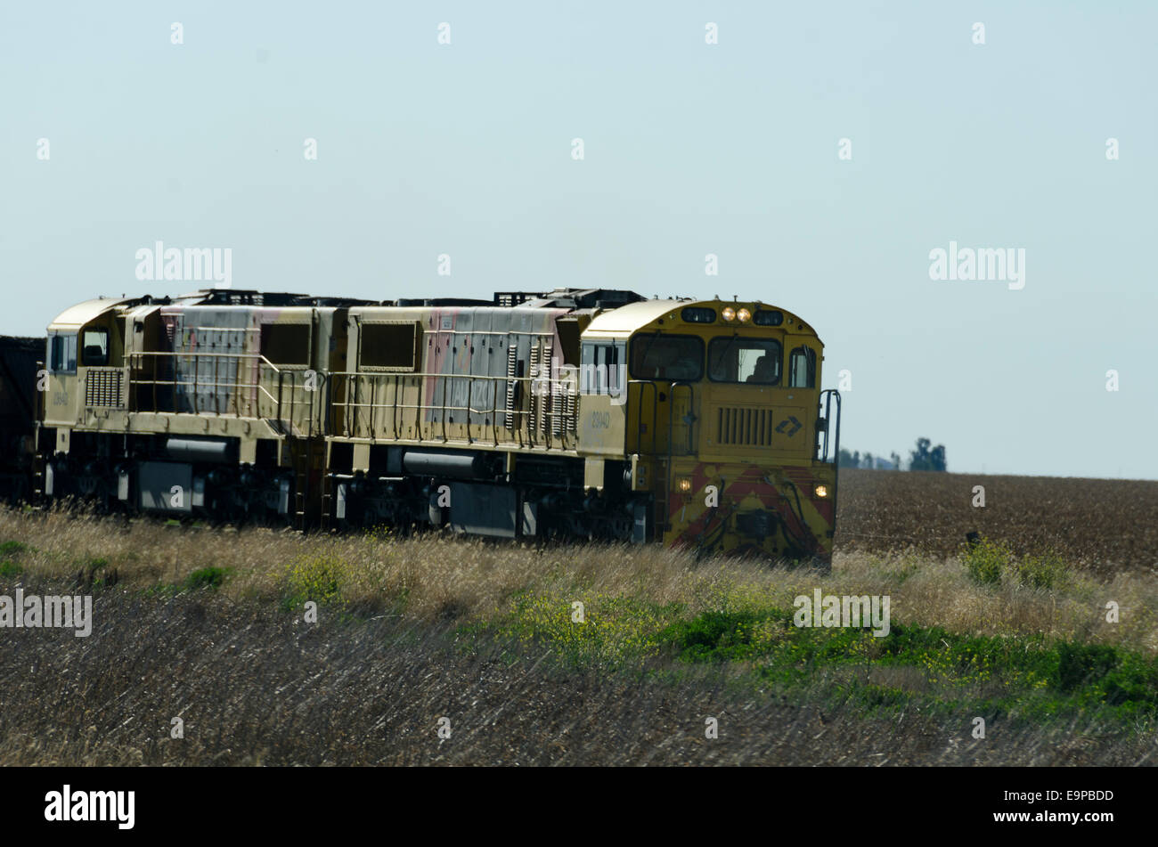 Diesel locomotives hauling freight train across plains, near Roma ...