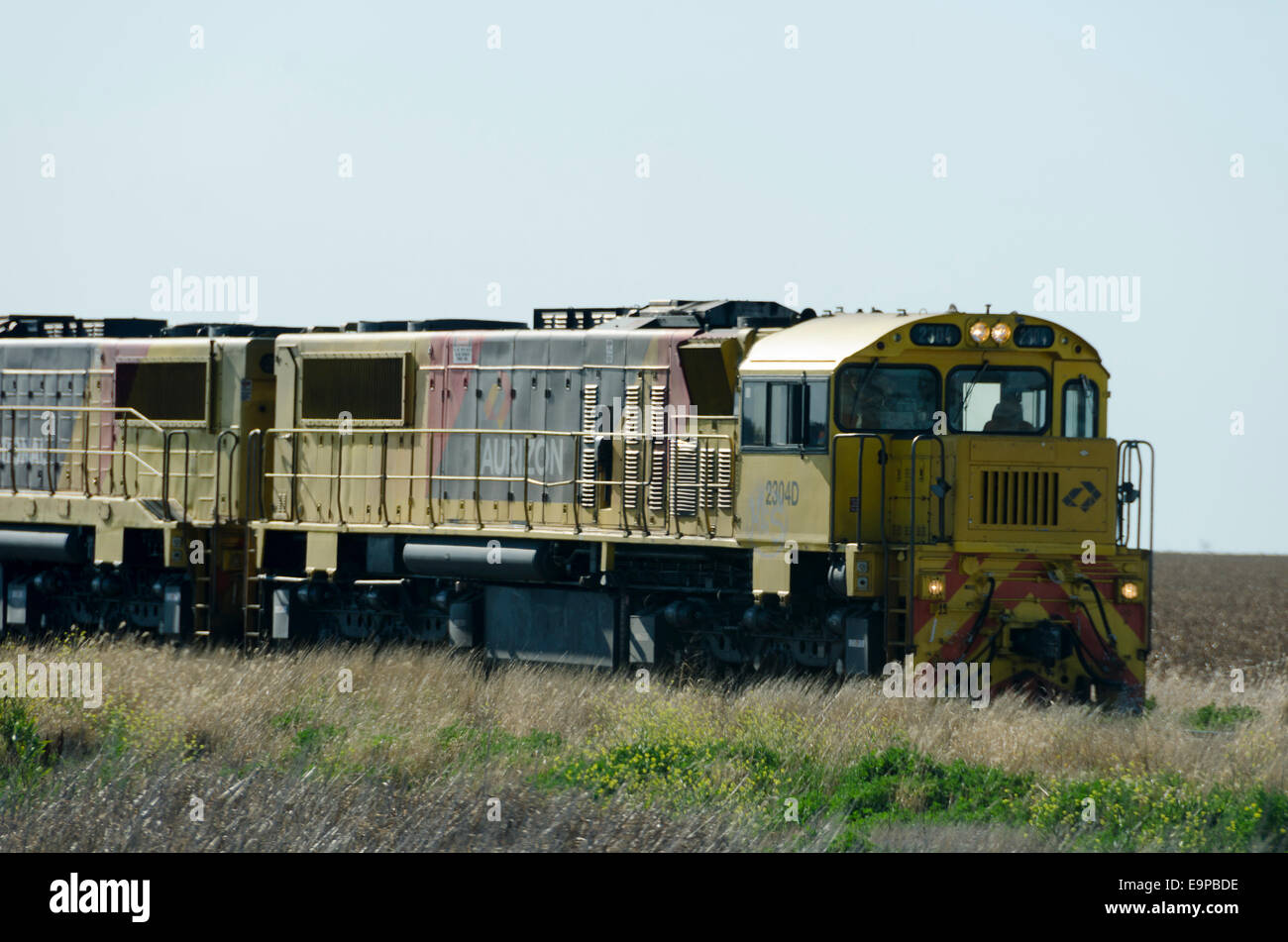 Diesel locomotives hauling freight train across plains, near Roma ...
