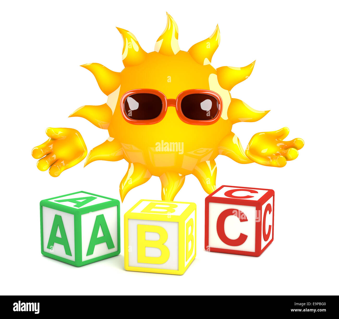 3d cartoon sun character with some alphabet blocks Stock Photo - Alamy
