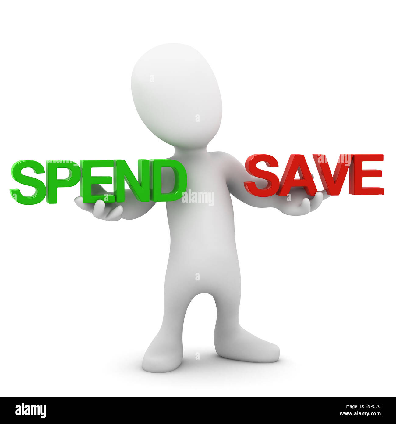 3d render of a little person holding the words Spend and Save Stock ...