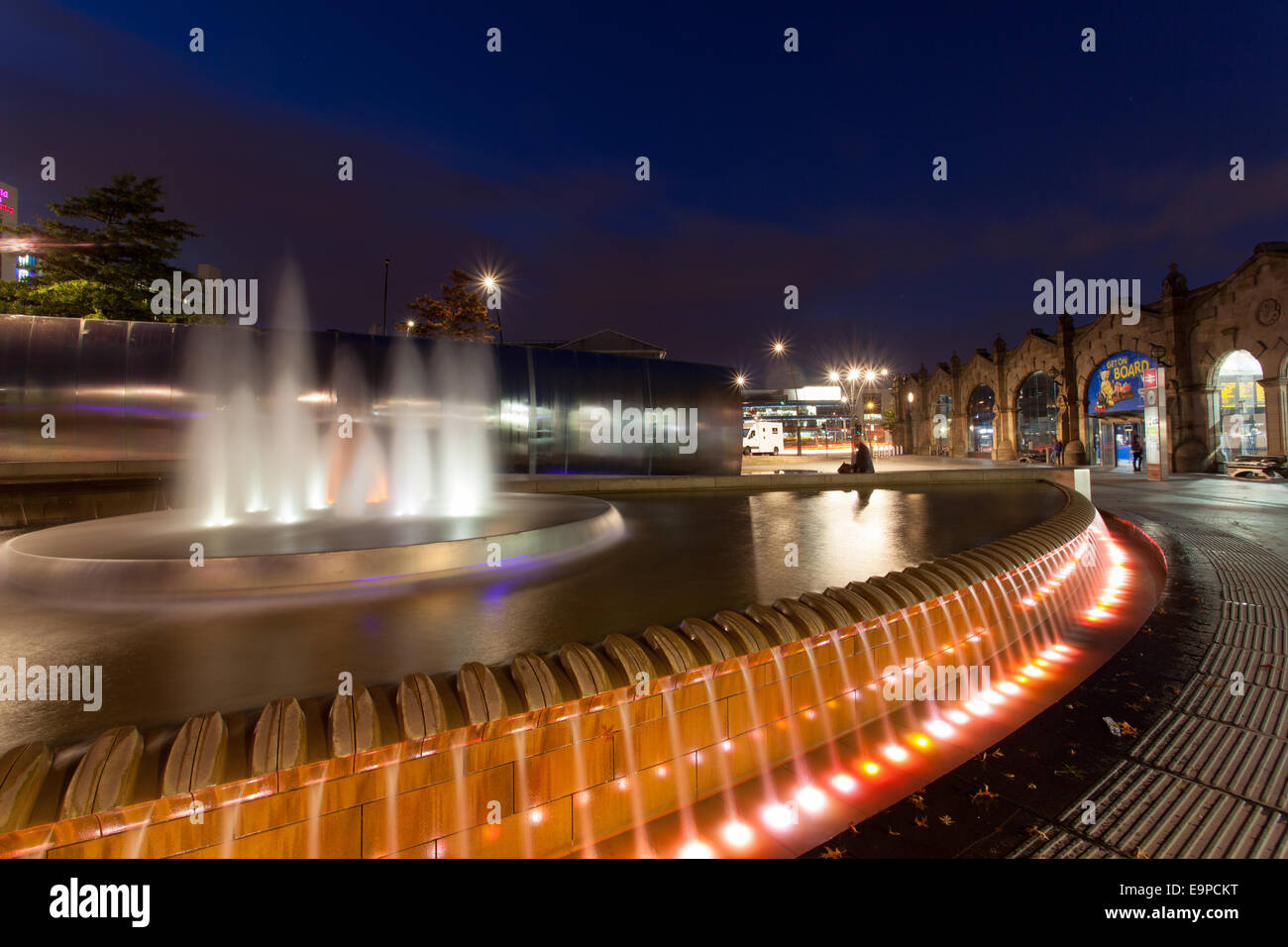 Fountains and water feature on Sheffield train station concourse at ...