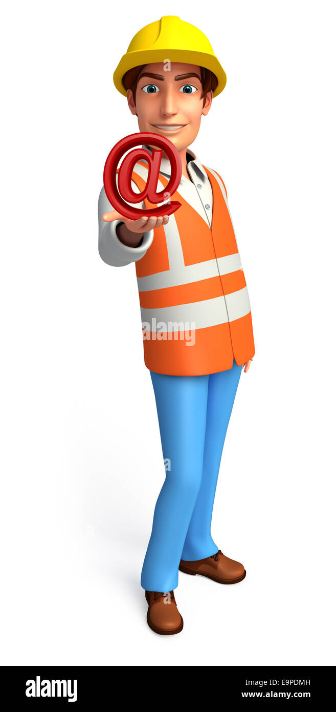 Illustration of young worker with at the rate sign Stock Photo - Alamy