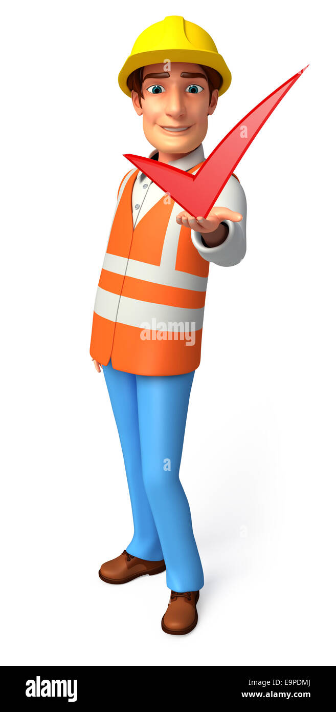 Illustration of young worker with right sign Stock Photo - Alamy