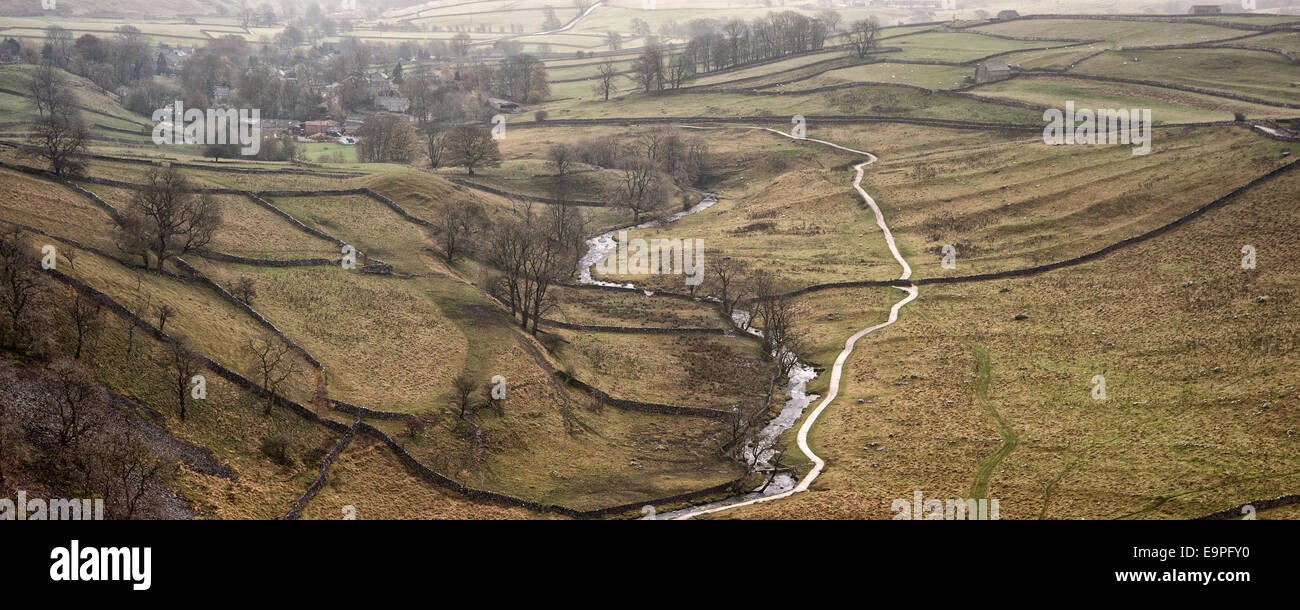 Panorama landscape stream running through bottom of valley Stock Photo ...