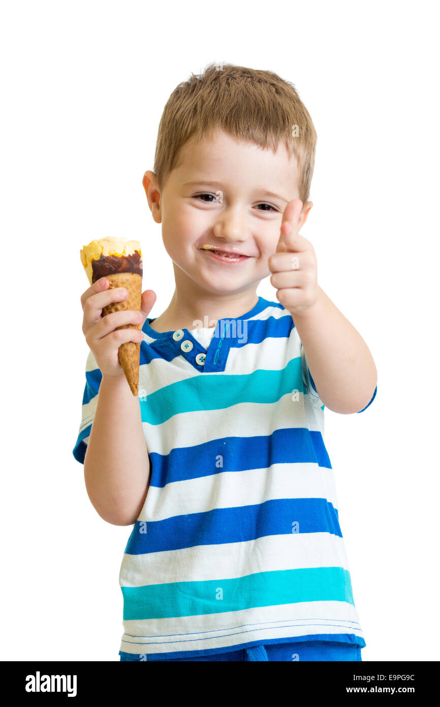 kid boy eating ice cream and showing okay sign Stock Photo - Alamy