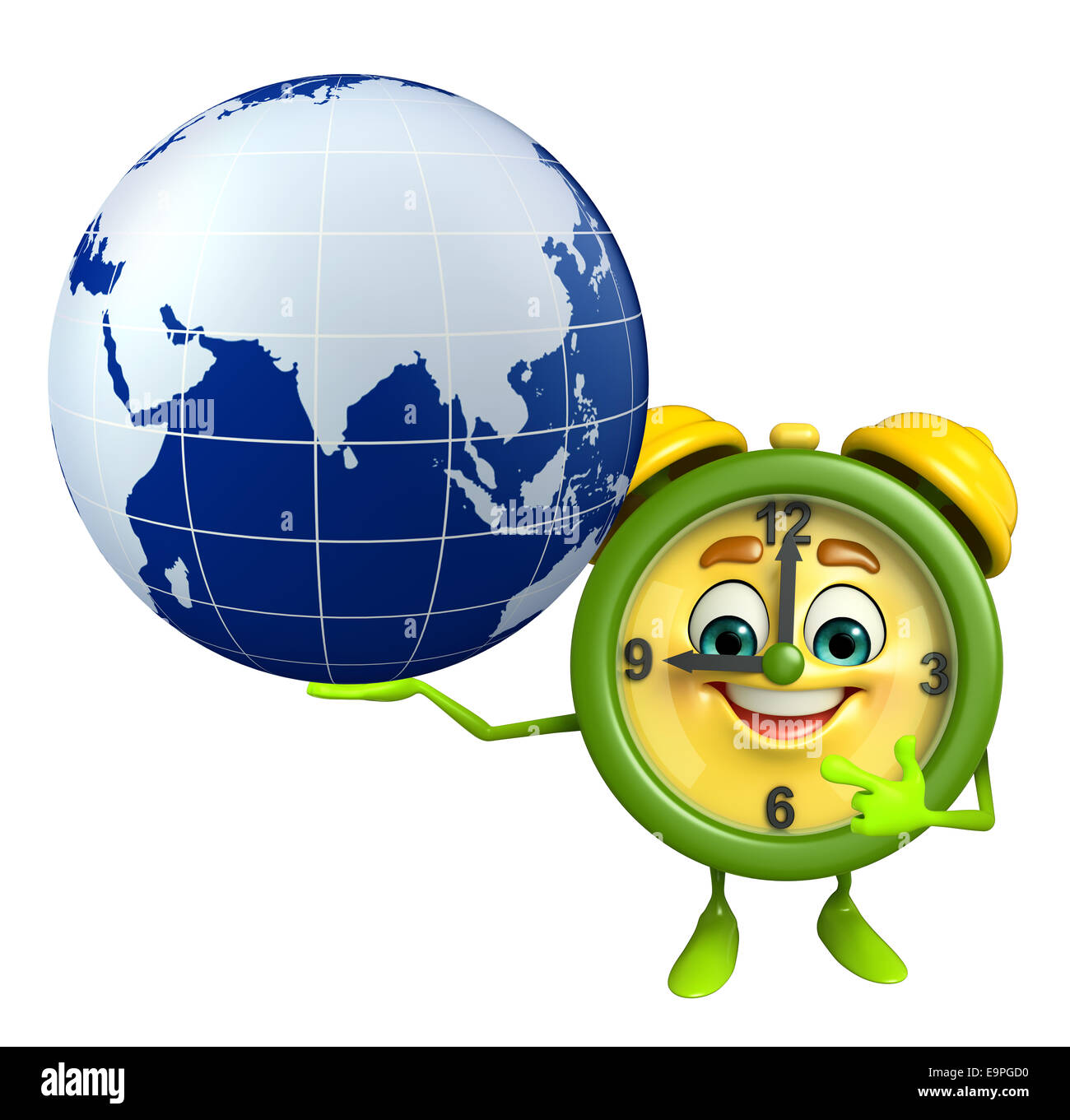 Cartoon Character of table clock with globe Stock Photo - Alamy