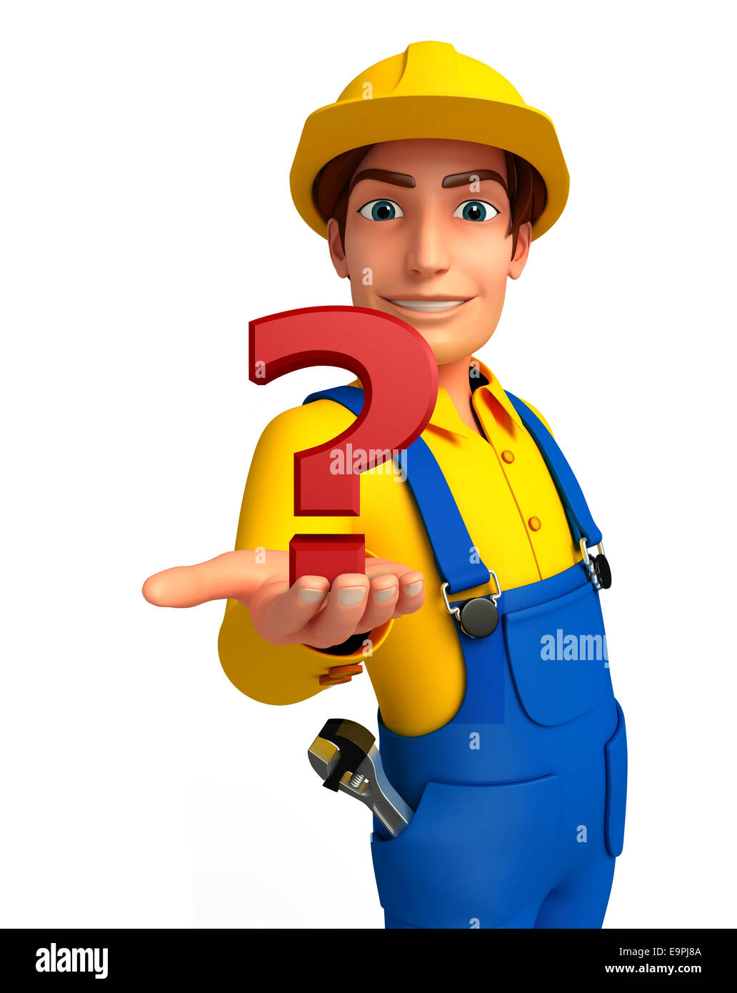 Illustration of young mechanic with question mark Stock Photo - Alamy