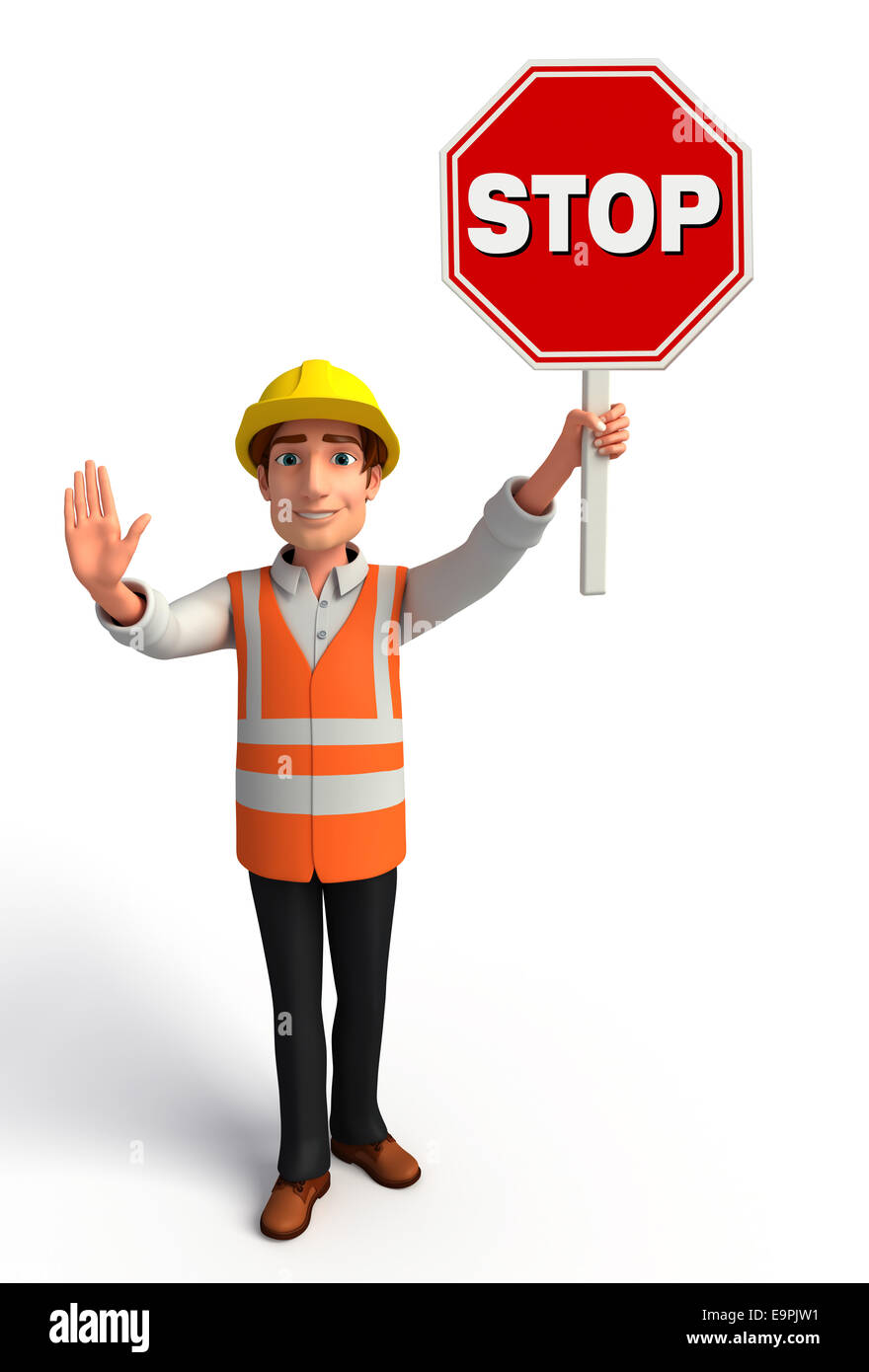 Illustration of young worker with stop sign Stock Photo - Alamy